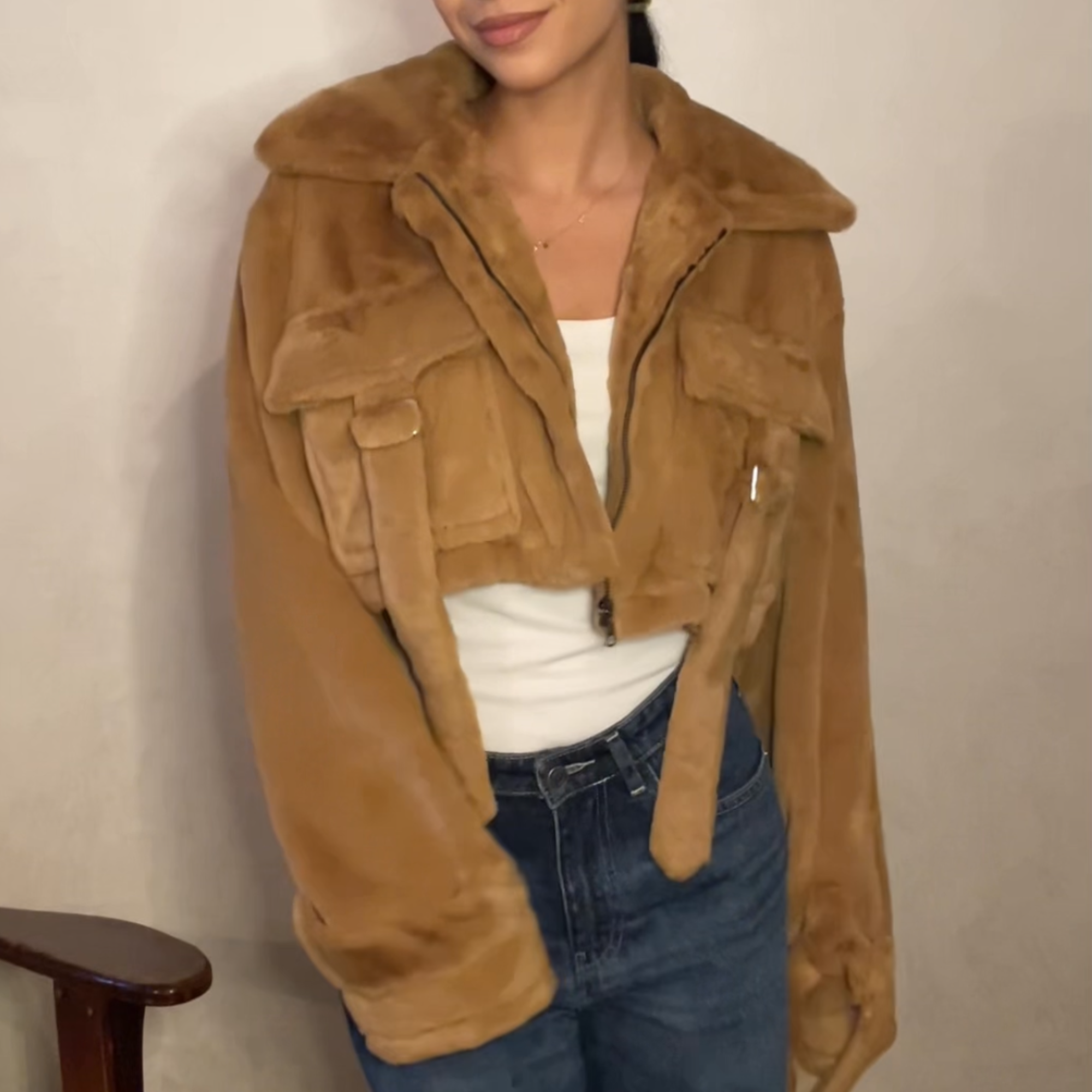 Camel Short Fur Jacket – Maron